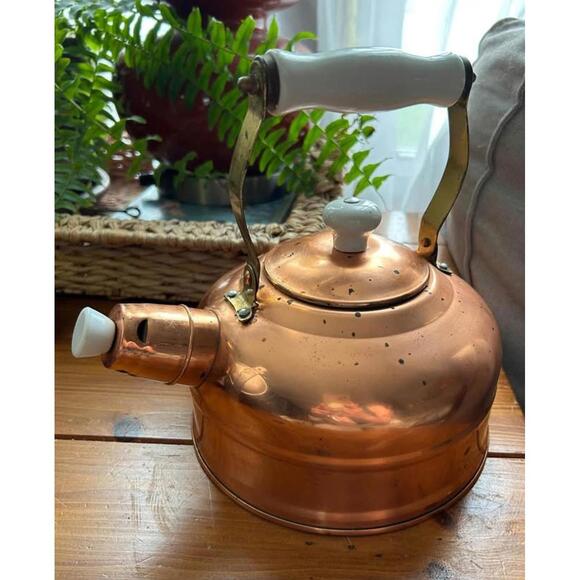 Kitchen | Vintage Copper Tea Kettle Tin Lined Brass Handle Porcelain ...